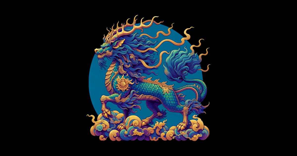 Chinese Qilin in blue and gold colors - Qilin - Sticker | TeePublic