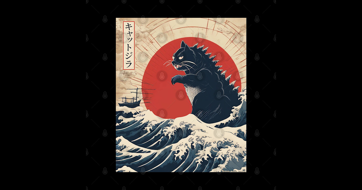 Cat Kaiju Japanese Sunset Vintage Catzilla Great Wave - Catzilla ...