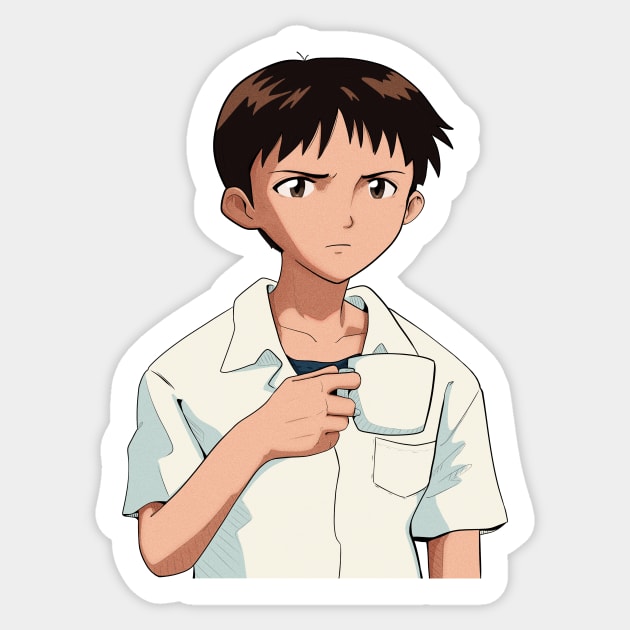 Shinji Holding a Mug HD 90s grain Texture Restored image Neon Genesis ...