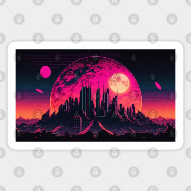 Moon Over Synthwave Retrowave Aesthethic 80s City - Retro - Sticker ...