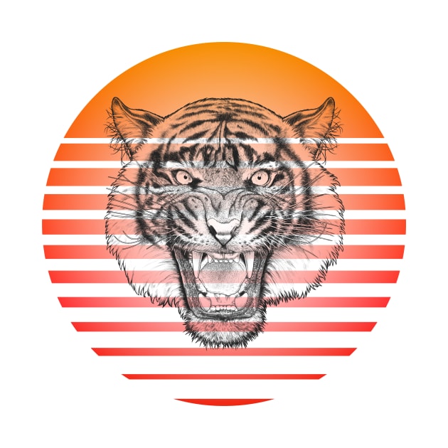 Retro Growling Tiger On A 80's Sun Background - Retro Growling Tiger ...