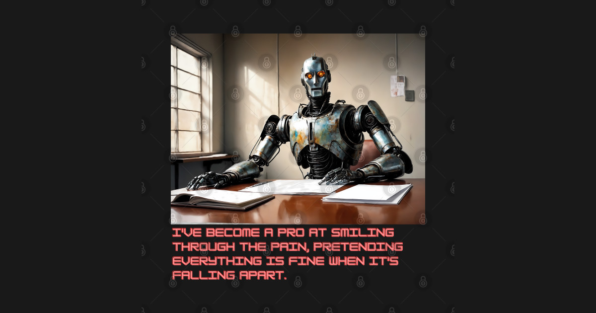 Demotivational Robot - Smiling Through Pain - Unhappy Robot - T-Shirt ...