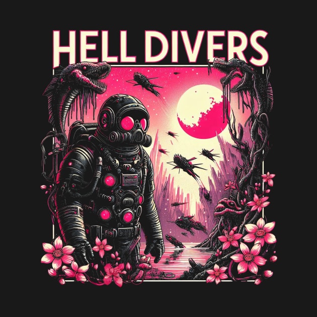 A graphic showing Helldivers exploring an extraterrestrial world with ... A graphic showing Helldivers exploring an extraterrestrial world with ...