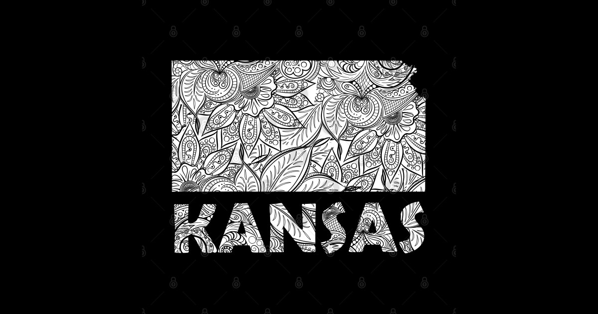 Mandala art map of Kansas with text in white - Kansas - Sticker | TeePublic