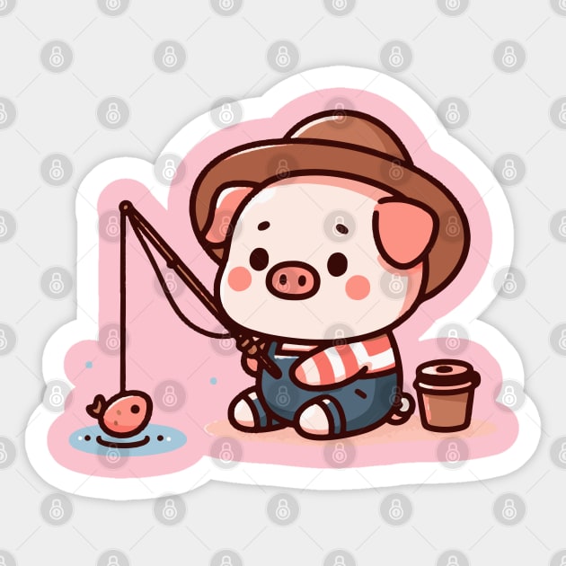 cute pig cartoon fishing - Cute Pig - Sticker | TeePublic