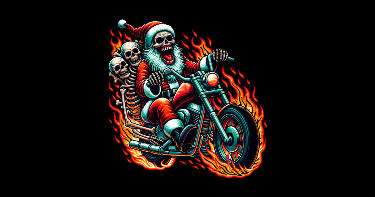 Flaming Skeleton Santa Biker Christmas Holiday Art - Skibidi Rizzmas ...