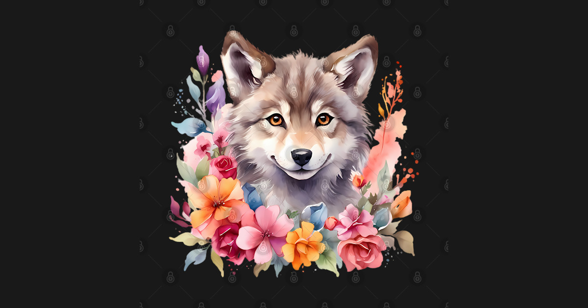 A wolf decorated with beautiful watercolor flowers - Wolf - T-Shirt ...
