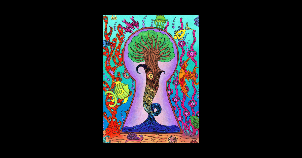 Looking Through the Keyhole - Fish Tree - Whimsical Drawing - Sticker ...