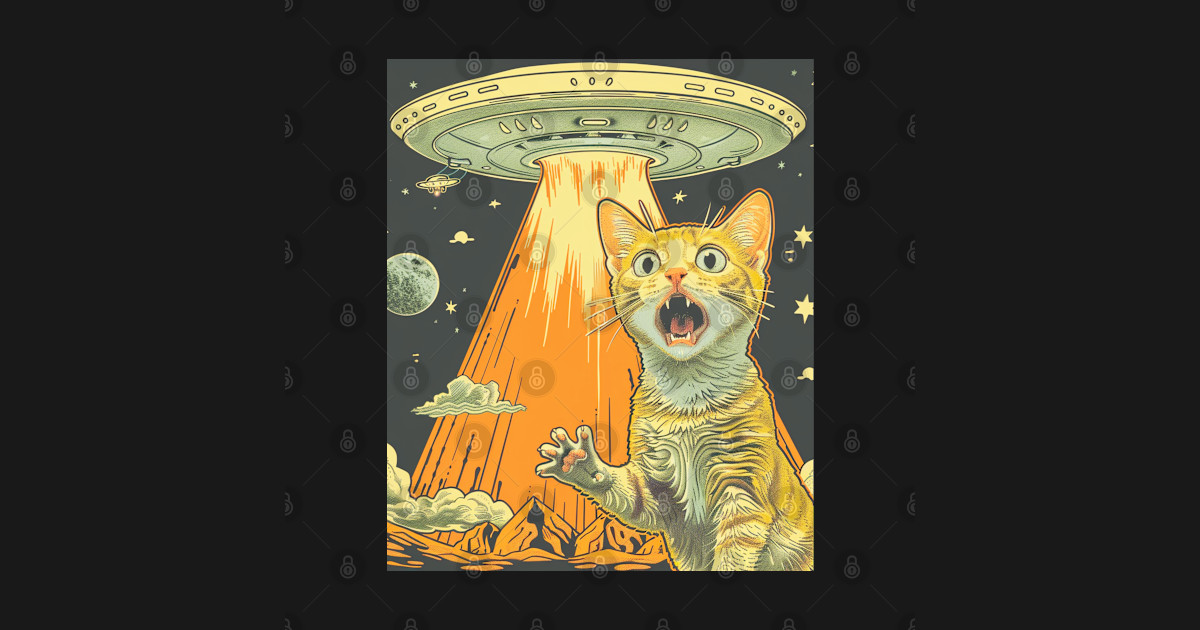 Shocked Cat and UFO Invasion - Funny Cat - T-Shirt | TeePublic