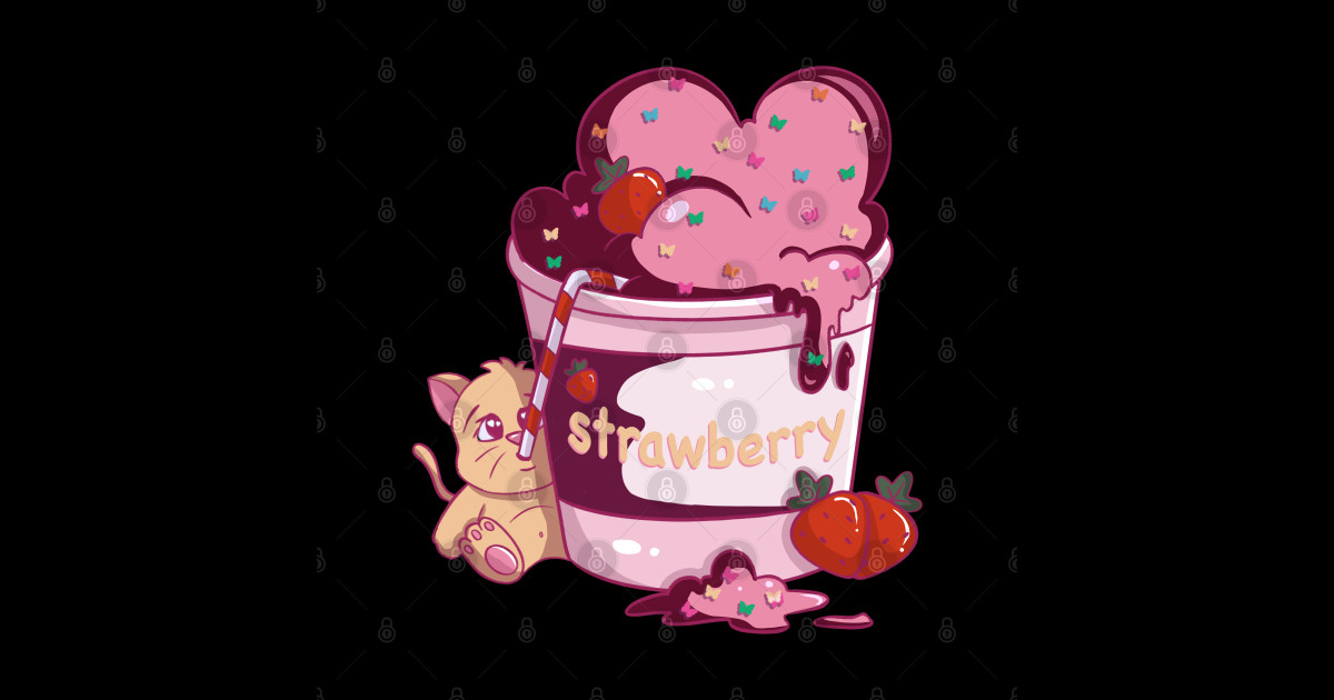 Cute fat Cat eating Strawberry Ice Cream - Cute - T-Shirt | TeePublic