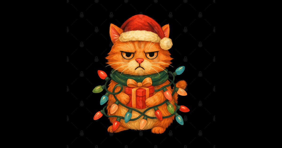 Angry Orange Christmas Cat Wrapped in Lights Holding Gift | Funny Xmas ...