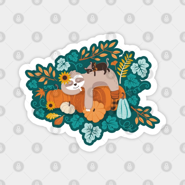 Sloths in pumpkin mood // spot // green background orange teal and aqua ...