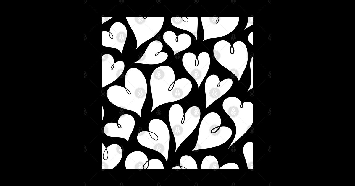 Fun Loopy White Hearts Doodle on Black Backdrop Pattern, made by ...
