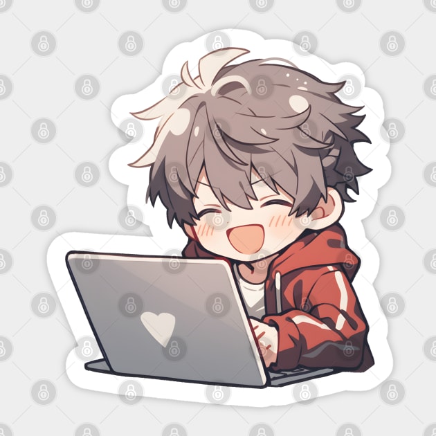 Cute Anime boy using laptop - Anime Boys - Sticker | TeePublic