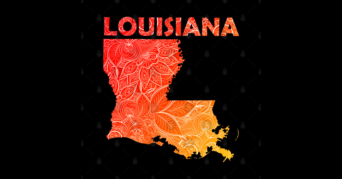 Colorful mandala art map of Louisiana with text in red and orange ...