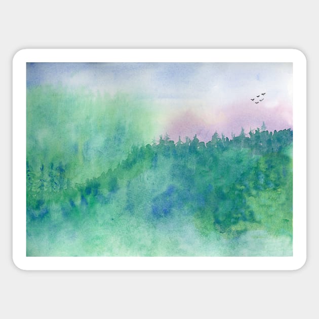 Green Mist Forest Watercolor Painting. - Forest - Sticker | TeePublic