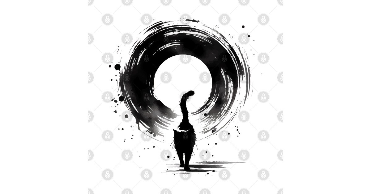 Sumie Enso Circle Japanese Brushstroke Black Cat - Enso Circle - T ...