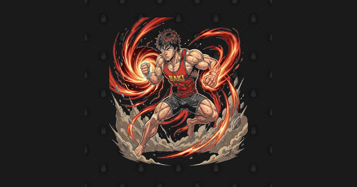 Baki Hanma in Fiery Fighting Pose - Baki Hanma - T-Shirt | TeePublic