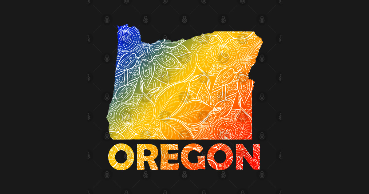 Colorful mandala art map of Oregon with text in blue, yellow, and red ...
