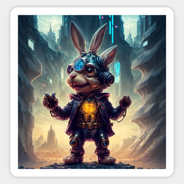 Alien cyborg bunny in sci-fi city landscape - Sci Fi - Sticker | TeePublic