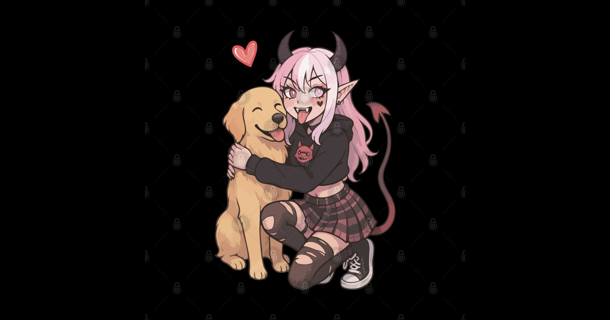 Cute Demon Girl Golden Retriever Dog Goth - Demon Girl - Posters and ...