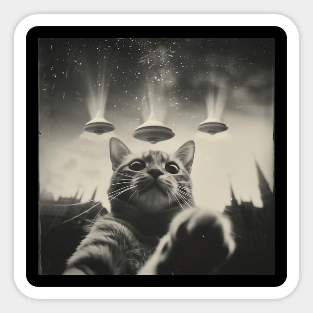 Cat Selfie Alien Invasion - Alien Invasion - Sticker | TeePublic