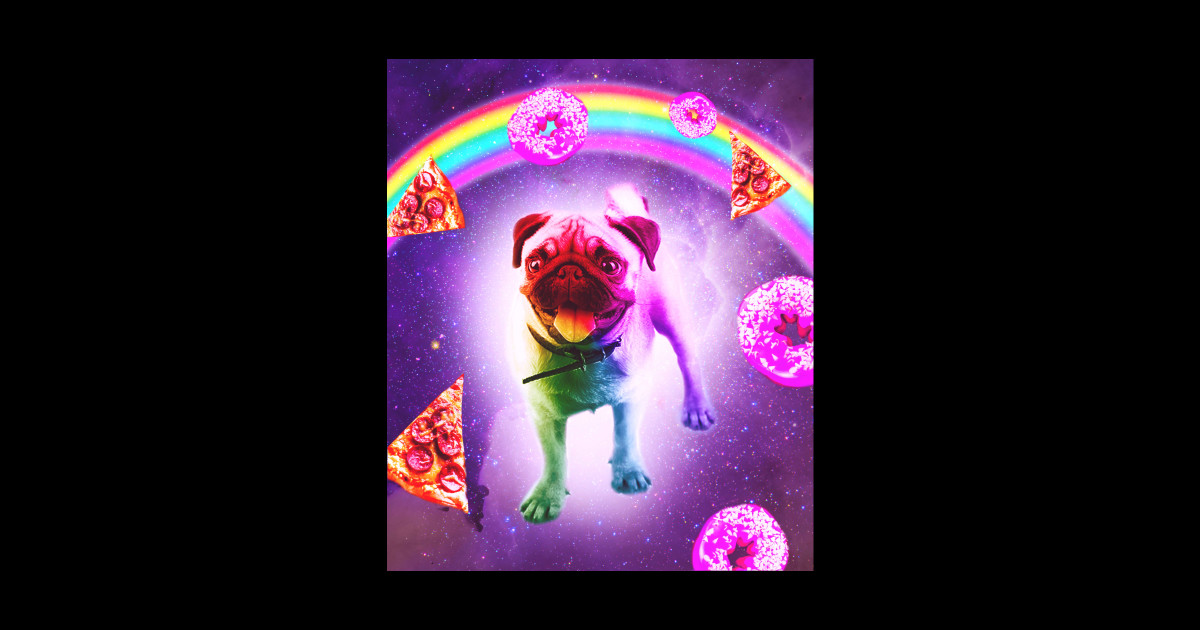 Rainbow Space Pug With Pizza And Doughnut - Pug - Sticker | TeePublic