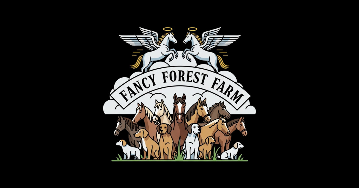 Fancy Forest Farm features angelic horses with dogs below a charming ...