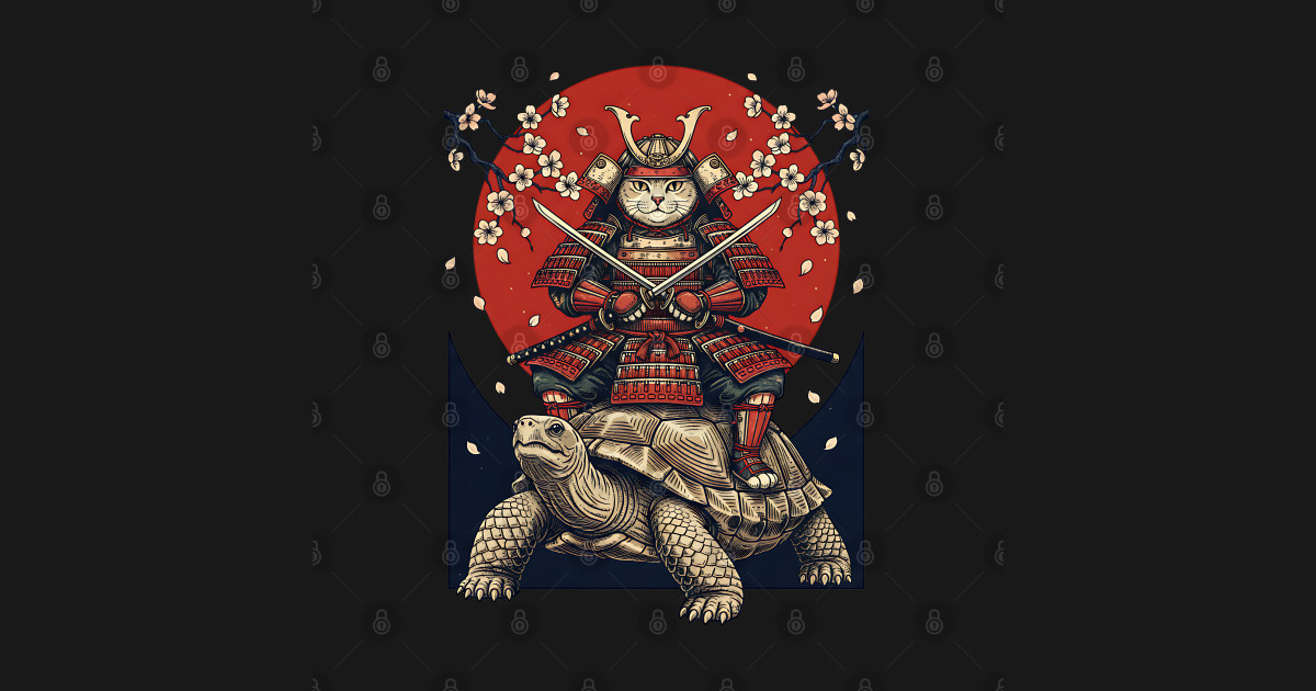 Japanese Ninja Art and Japan Samurai Cat on Turtle - Japanese Cat - T ...