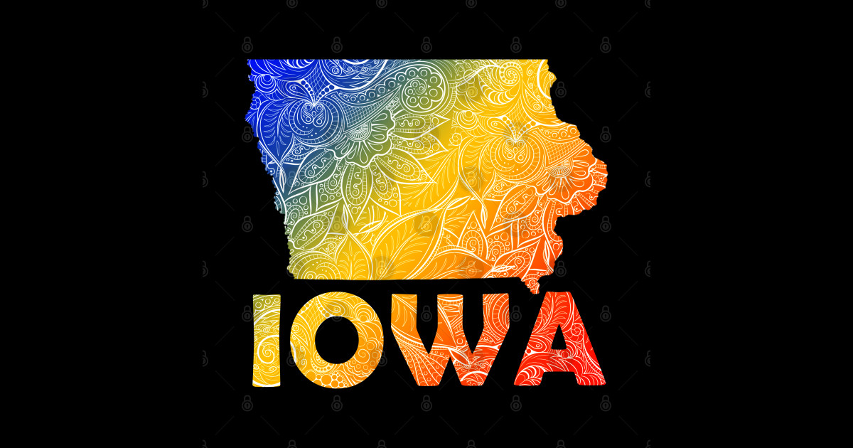 Colorful mandala art map of Iowa with text in blue, yellow, and red ...