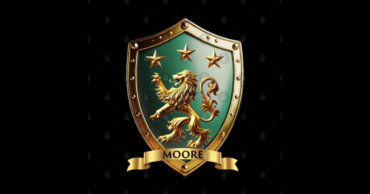 Moore Coat of Arms – Gold Lion & Stars with Name Banner - Moore ...