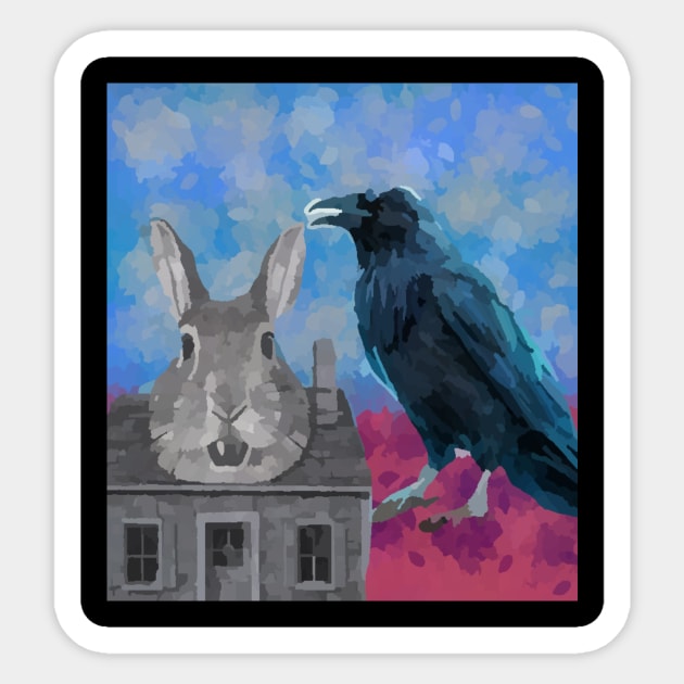 watercolor crow rabbit house - Watercolor Painting - Sticker | TeePublic