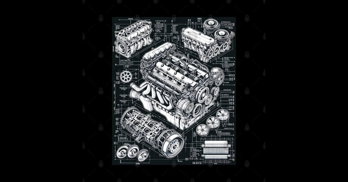 Blueprint Masterpiece: Detailed Engine Design Art - Engine - Sticker ...