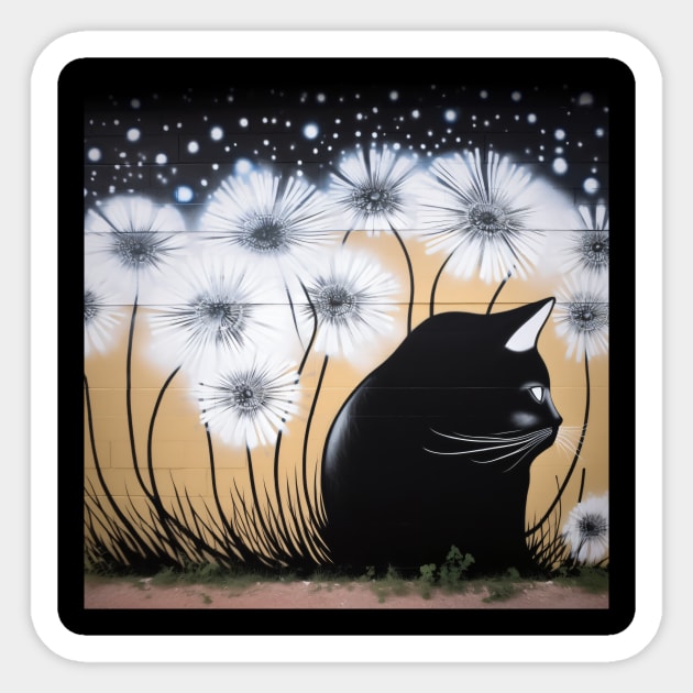 Street art cat with dandelions - Black Cat Street Art - Sticker | TeePublic