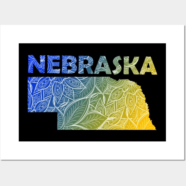 Colorful mandala art map of Nebraska with text in blue and yellow ...