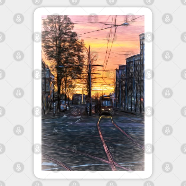 Early Morning Tram digital art - Tram At Sunrise - Sticker | TeePublic