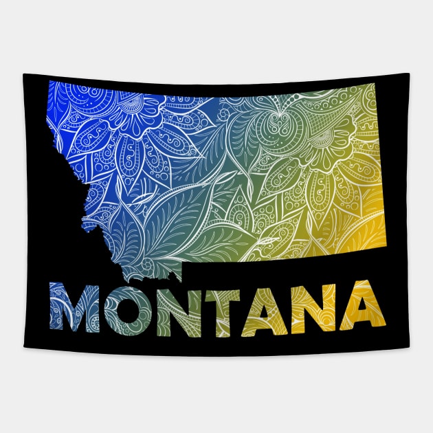 Colorful mandala art map of Montana with text in blue and yellow ...