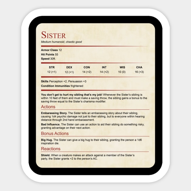 D&D Sister Stat Block - Dnd Stat Block - Sticker | TeePublic