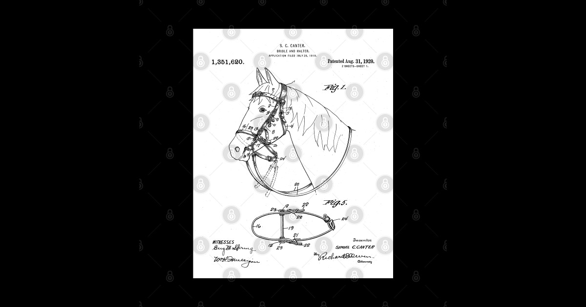 Horse Bridle Patent - Horse Lover Horse Stables Art - White - Horse Bridle Patent - Sticker ...