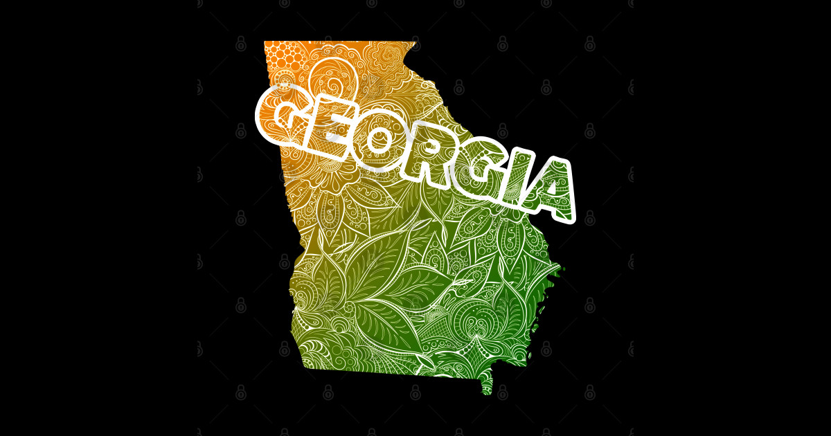 Colorful mandala art map of Georgia with text in green and orange ...
