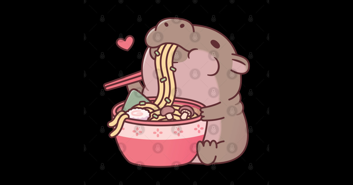 Cute Pygmy Hippo Slurping On Ramen Noodles - Ramen - Sticker | TeePublic
