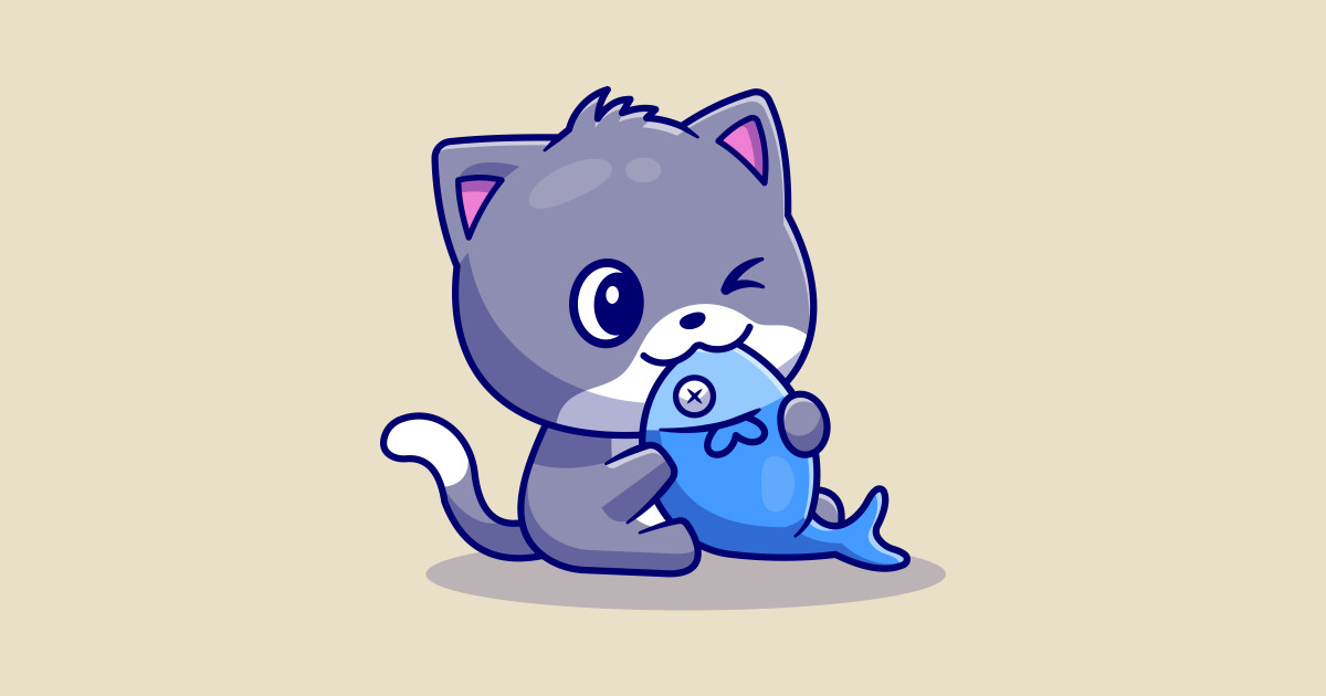 Cute Cat Eating Fish Cartoon - Cute Cat Eating Fish Cartoon - T-Shirt ...