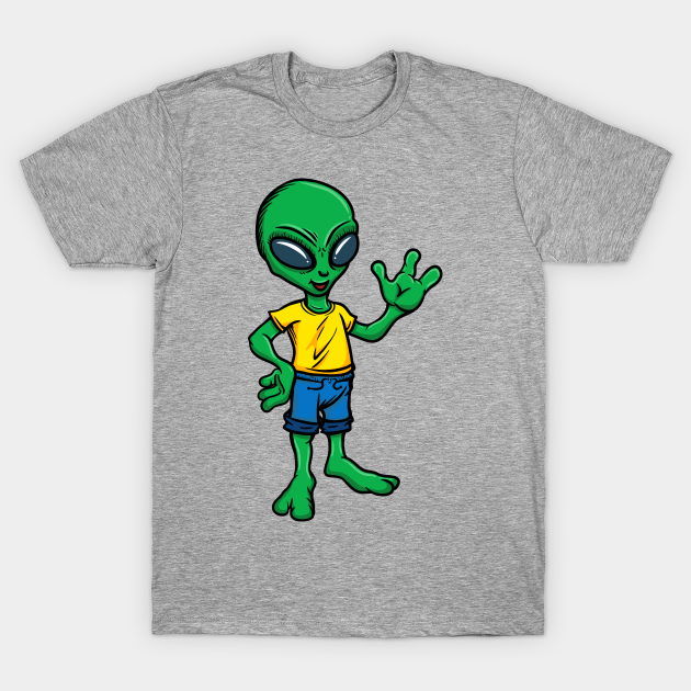 Cute Green Cartoon Alien wearing Clothes - Alien - T-Shirt | TeePublic