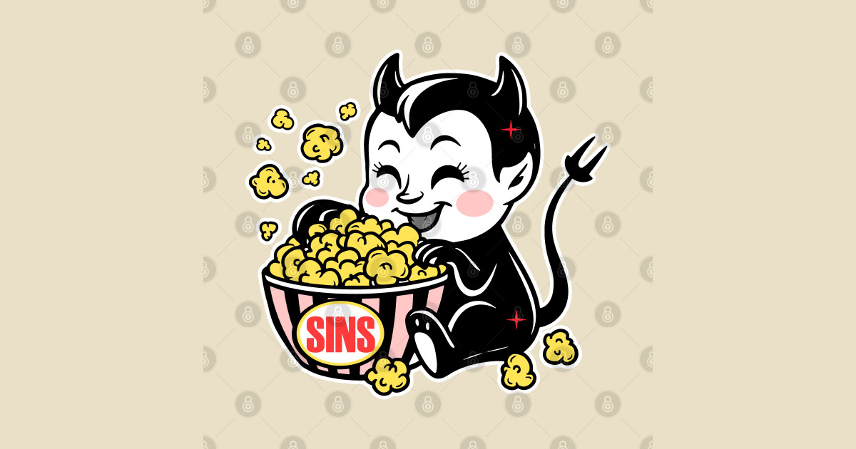 cute devil with popcorn sins on pink - Devil - T-Shirt | TeePublic