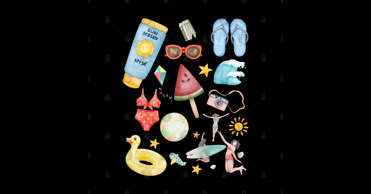 Cute Summer Vibes – Beach Day Essentials Collage - Summer - Sticker | TeePublic