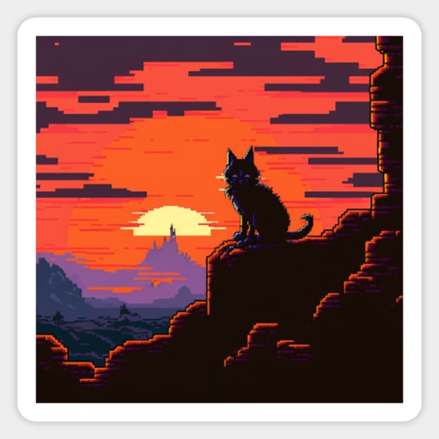 CUTE SUNSET LOVER, PIXEL ART - Cat Watching Sunset - Sticker | TeePublic
