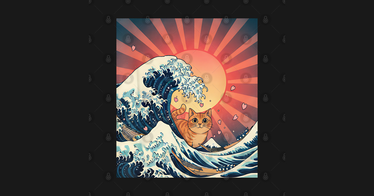 Japanese Cat Great Wave Valentine Ukiyo-e Love Art - Japanese Cat - T ...