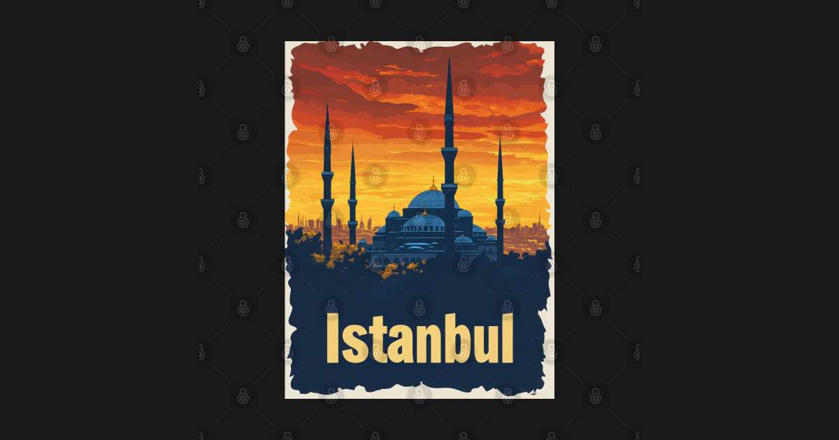 This retro poster showcases Istanbuls famous skyline illuminated by a ...