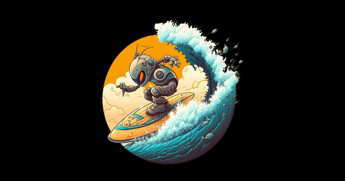 robot surfing in the sunset - Surfingwaves - Sticker | TeePublic