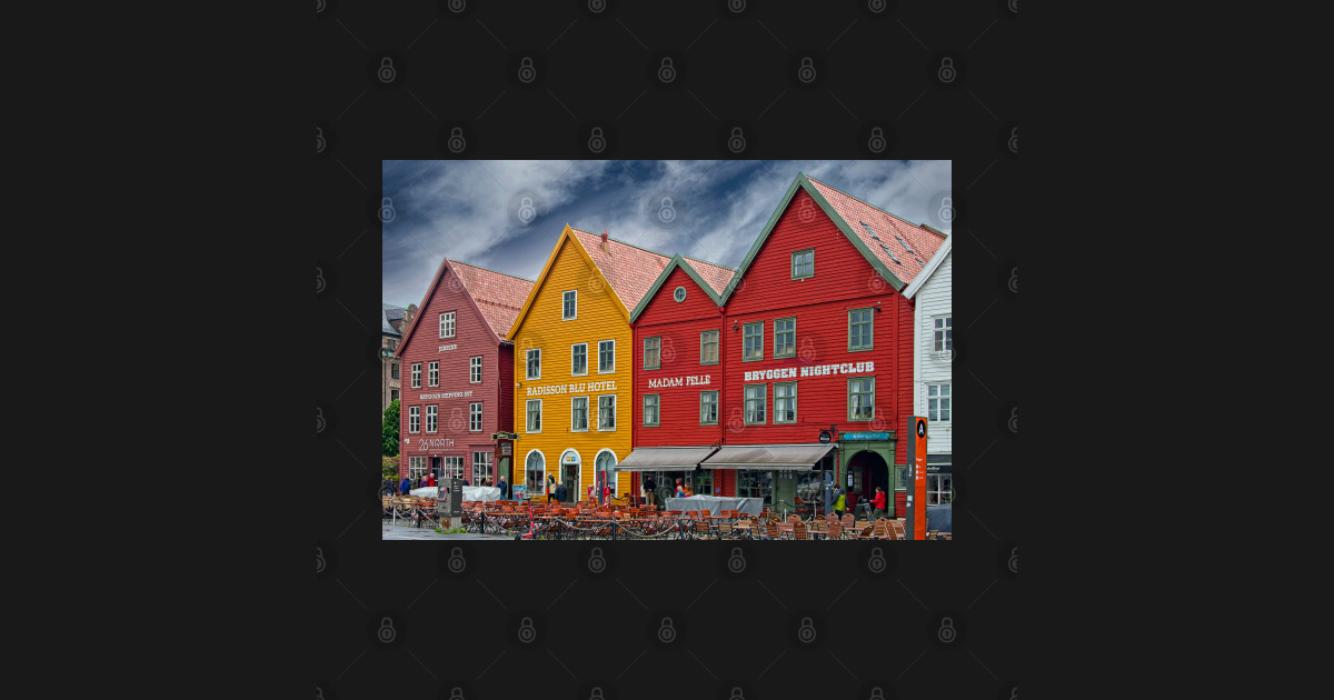 Historic Bryggen Buildings in Bergen Norway - Bergen - T-Shirt | TeePublic